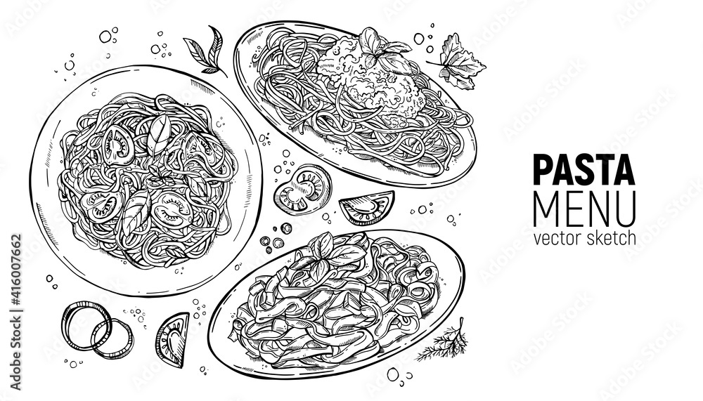 Set of Italian pastes. Carbonara, bolognese, vegetarian. Hand drawing ...
