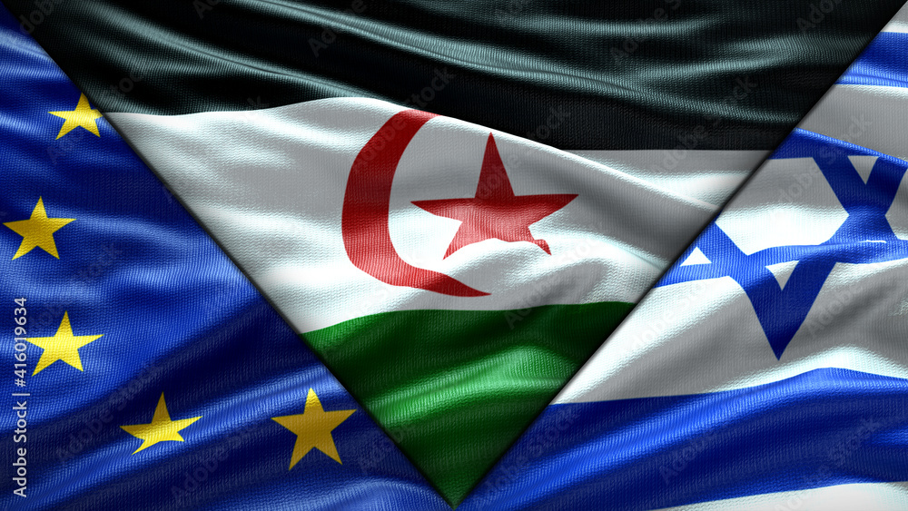 European Union Flag and Israel flag and Western Sahara Flag waving with ...