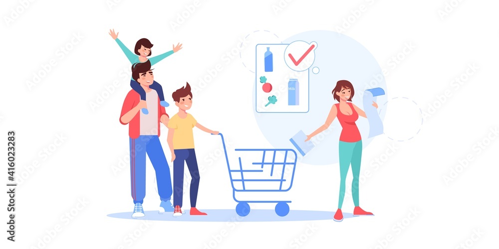 Vector cartoon flat happy family characters buy goods.Parents and kids ...