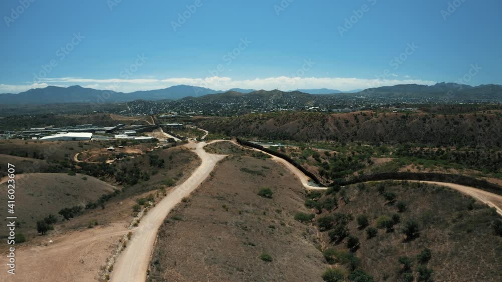 Aerial view of Nogales border area showing border fence separating the ...