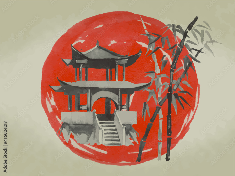 Japan traditional sumi-e painting. Fuji mountain, sakura, sunset. Japan ...