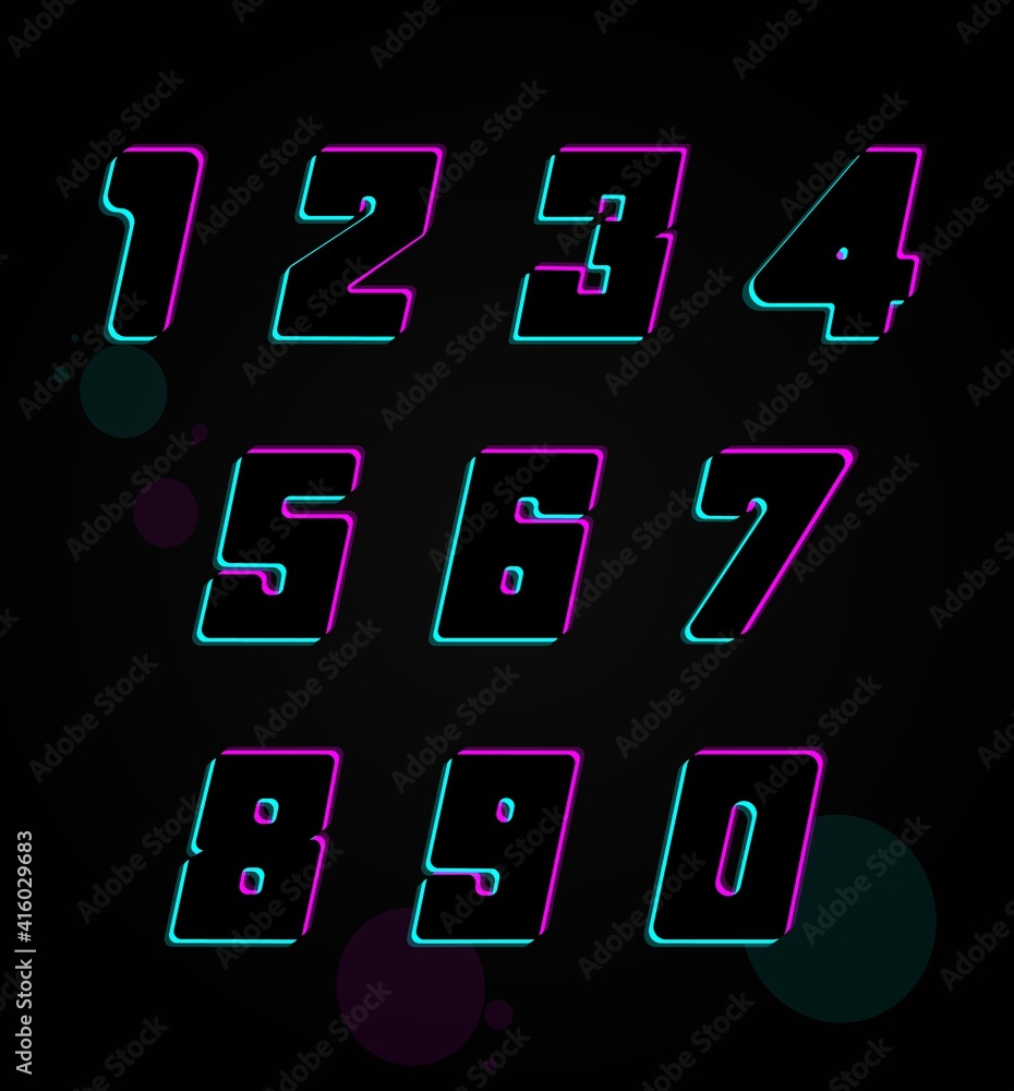 Vector number set, trendy colors neon font. For dark night theme ...