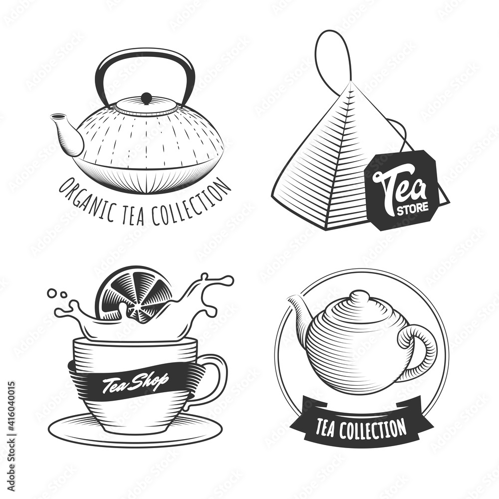 Tea shop logos. Vector tea store logos with teapots, cups and ...