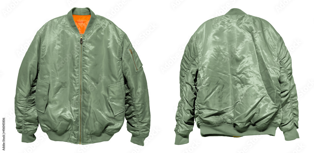 Bomber jacket color green front and back view on white background Stock ...