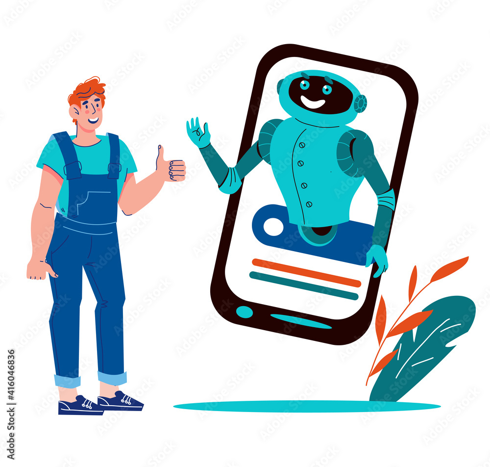 Man talking with robot assistant online, cartoon vector illustration ...