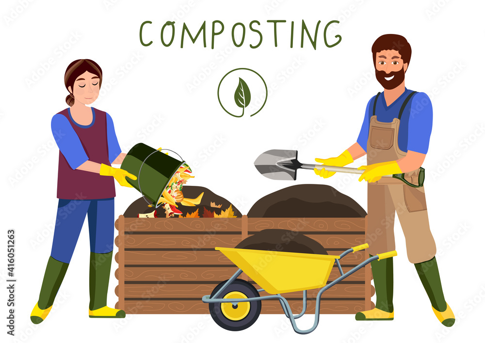 Composting. Man and woman making compost. Zero waste concept. Vector ...