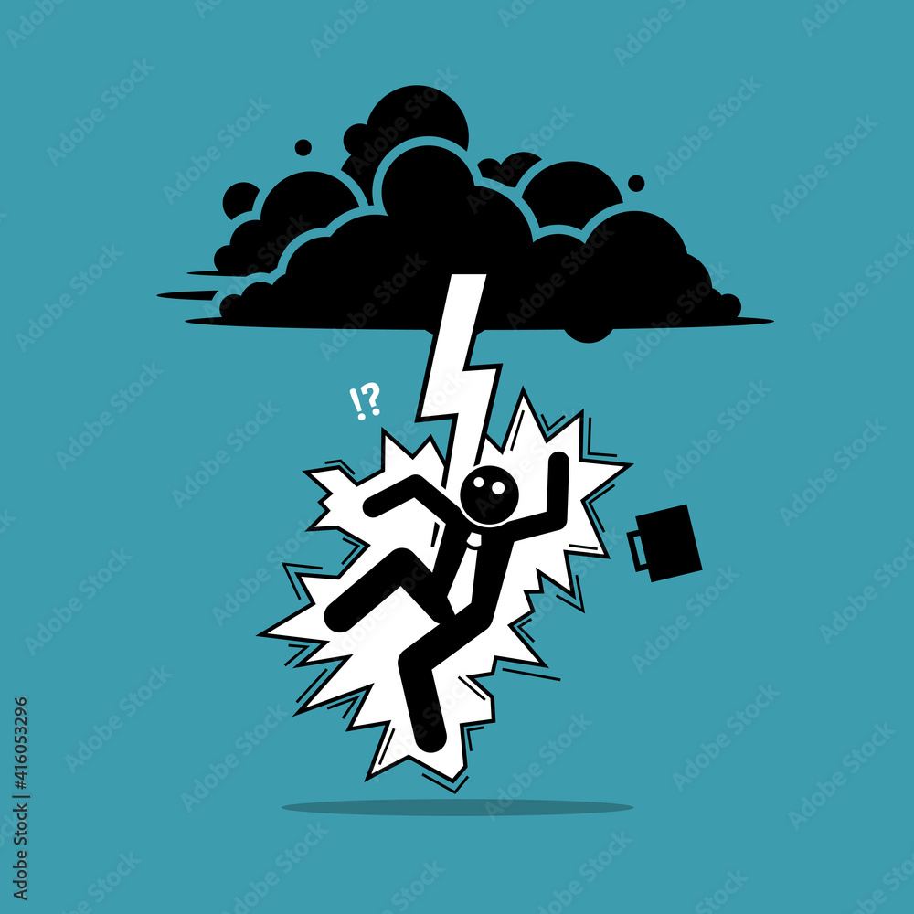 Businessman struck by lightning or thunder from the dark cloud. Vector ...