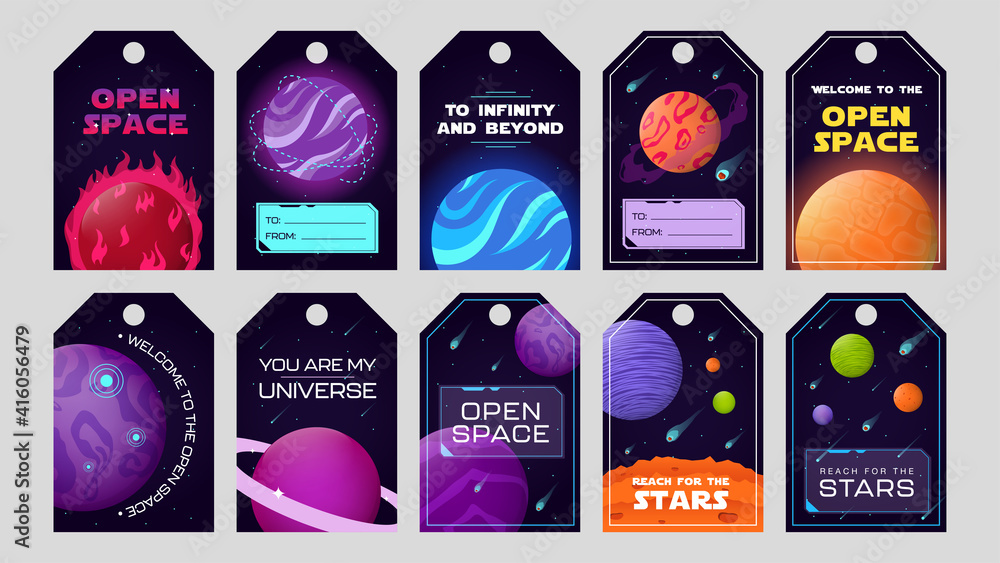Open space tags set. Planets, orbits, stars, asteroids, comets vector ...