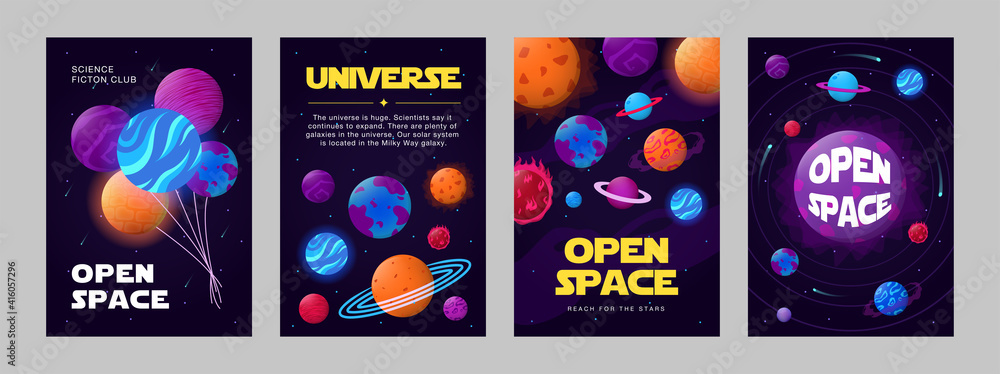 Open space posters collection. Planets, orbits, stars, balloons vector ...