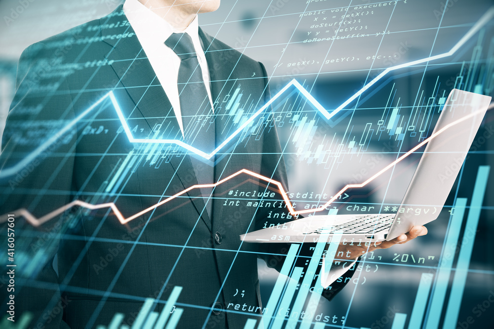 Stock market analysis in process with businessman looking after forex ...