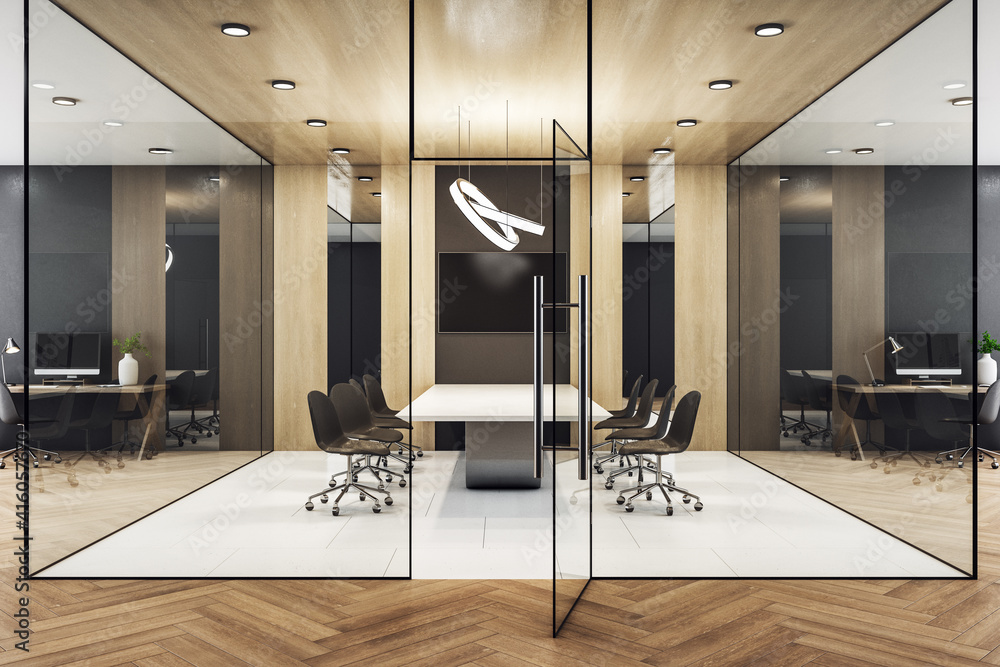 Front view on entrance to a meeting room with glass walls, black screen ...