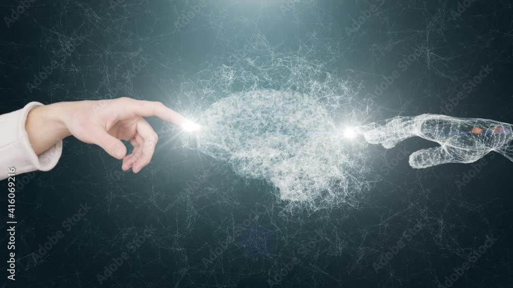 Human and computer hand touches digital AI brain. Concept of neural ...