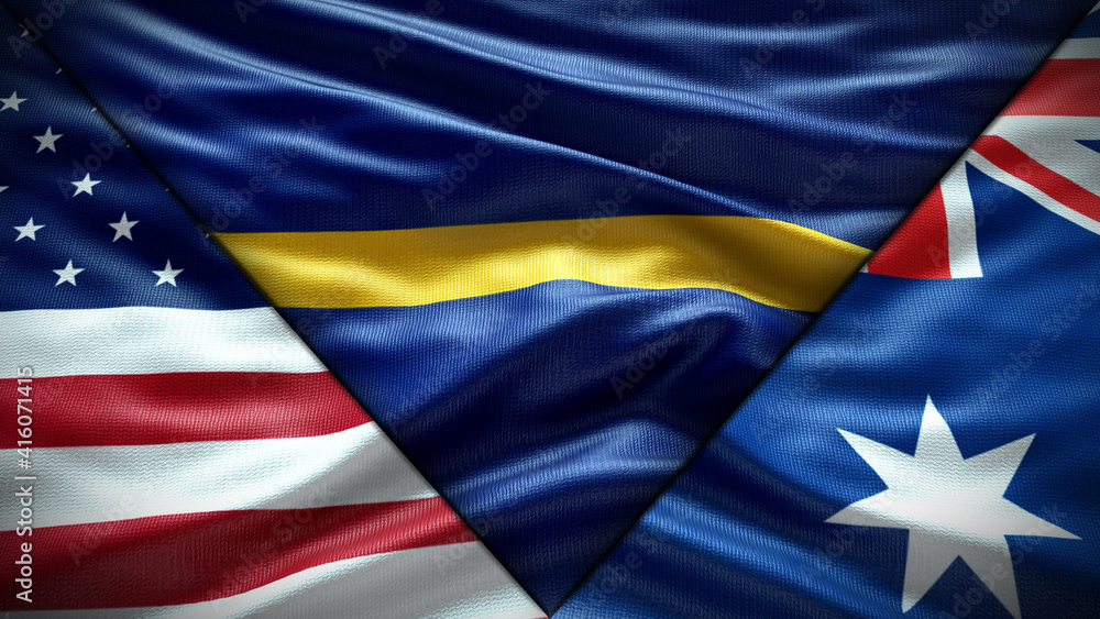United States of America Flag and Australia flag and Nauru Flag waving ...