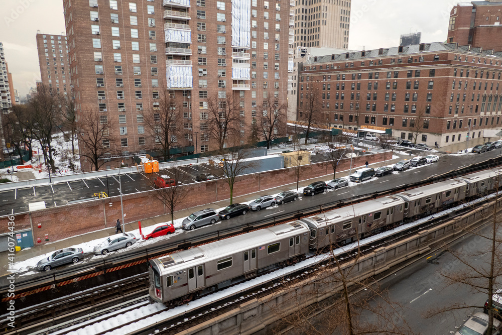 Manhattan, New York, USA. 2021. Subway train above ground approaching ...