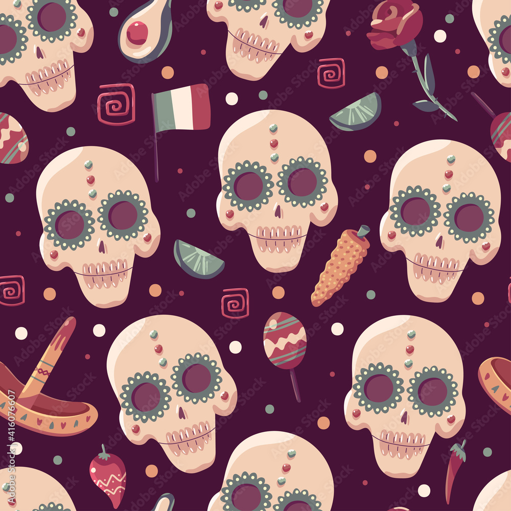 Day of dead vector cartoon seamless pattern. Background for wallpaper ...