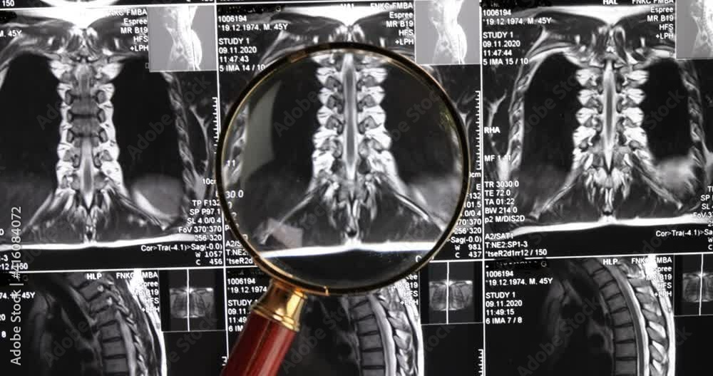 MRI lumbar spine background, magnetic resonance tomography. Doctor ...
