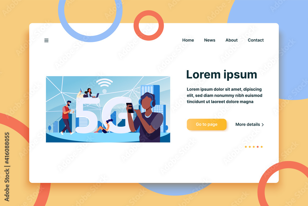 Grafika wektorowa Stock: Young people using 5G high speed wireless internet connection. Men and ...