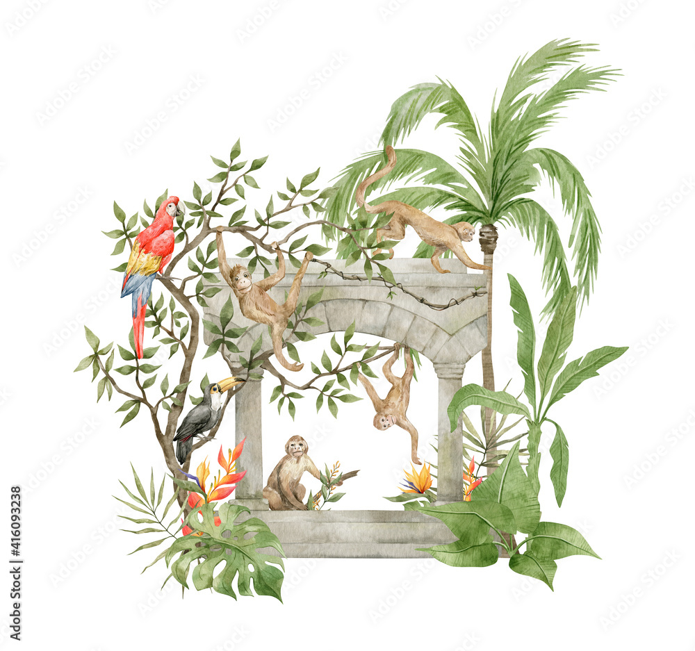 Watercolor composition with monkey, parrots, old jungle architecture ...