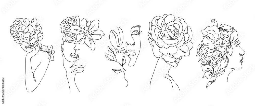 Women Faces Line Art Style with Flowers and Leaves. Continuous Line Art ...
