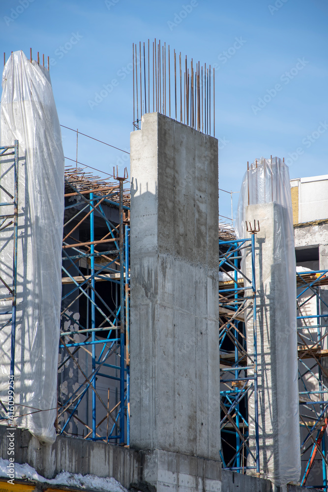 Construction of high-rise buildings, concrete formwork, rebar frame ...