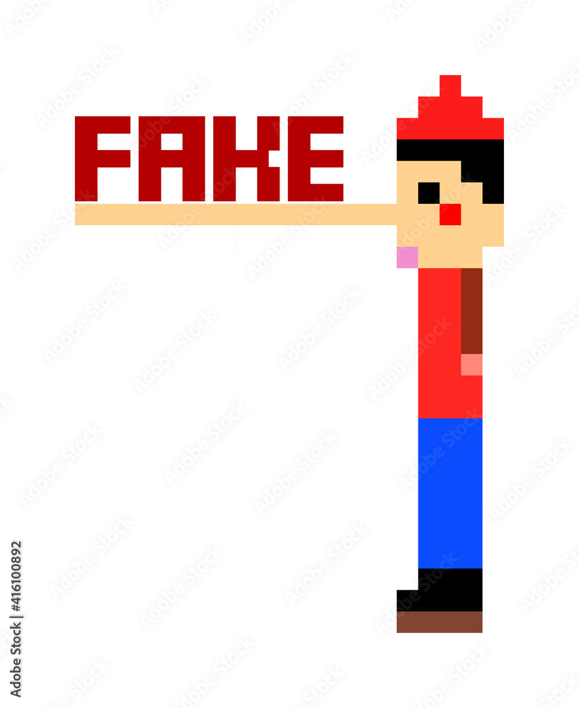 An 8-bit pixel art Pinocchio toy with a long nose and the text Fake ...