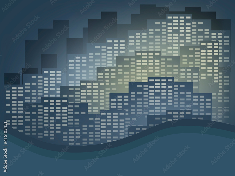 Dark blue background with a cityscape of high-rise buildings with light ...