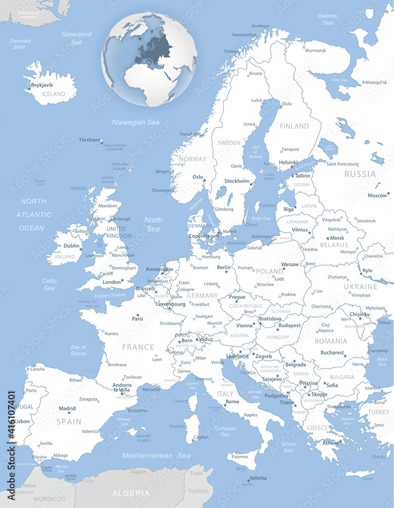 Blue-gray detailed map of Europe and European Union administrative ...