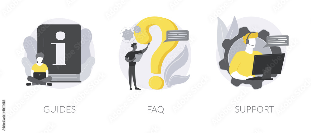Customer help service abstract concept vector illustration set. Guides ...