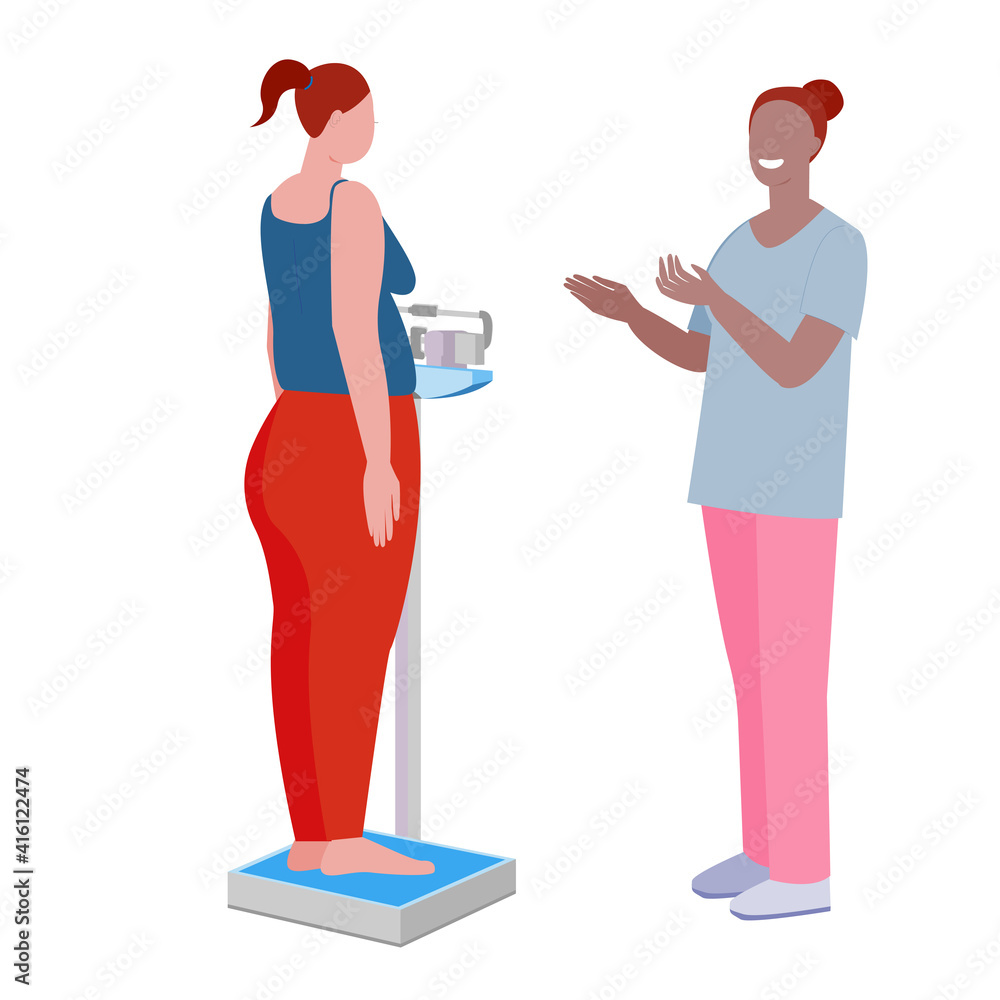 weight check. the nurse weighs the fat woman. mechanical scales ...