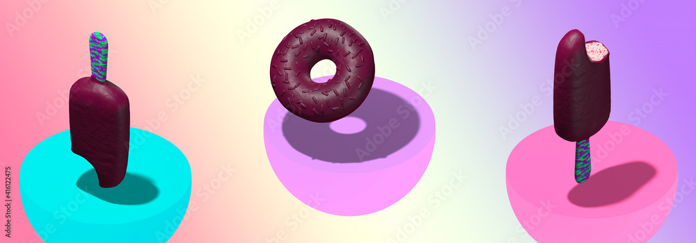 Minimal food geometry in details. 3d render collage banner scene donuts ...