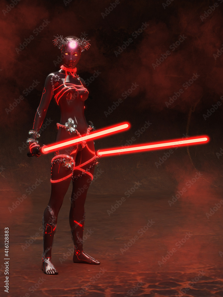 Ilustração do Stock: A 3d digital render of a female robot with laser ...