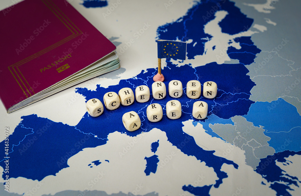 Photo Passport and Schengen Area message over a Map of the of the 26 ...