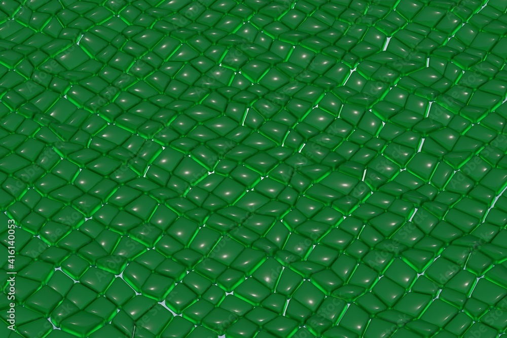 The background is made of irregularly shaped green translucent square ...