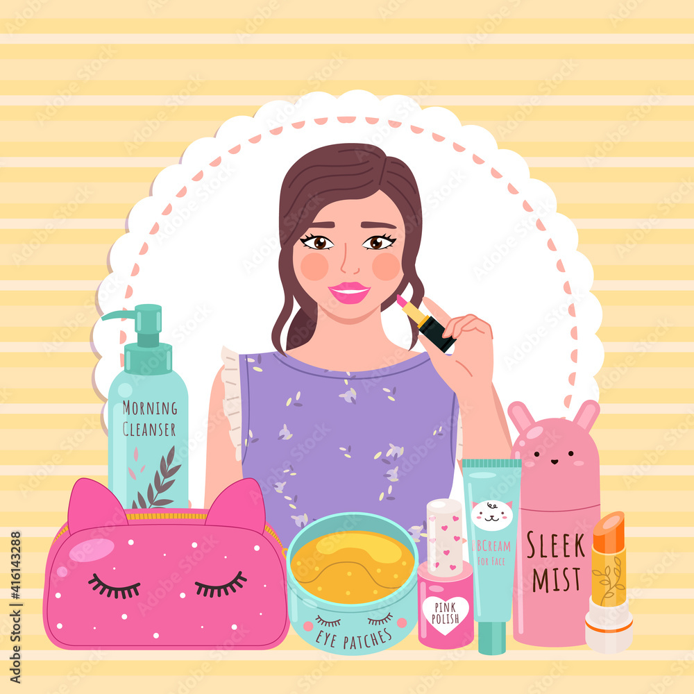 Beautiful girl makes look and does makeup, looks after beauty and ...