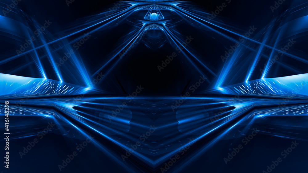 Abstract dark futuristic blue night background. Rays and lines ...