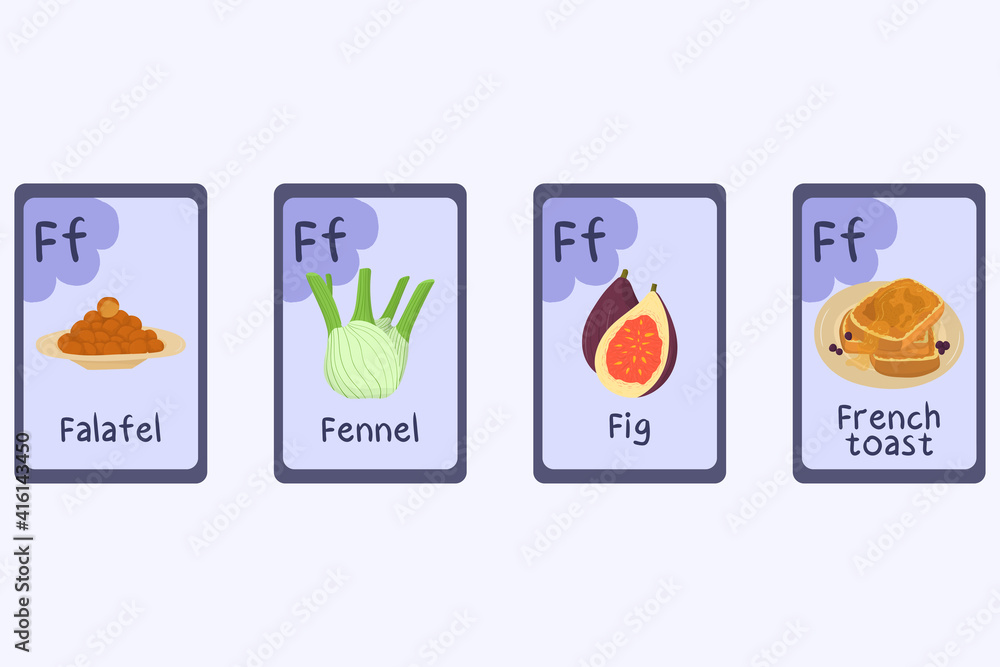 Colorful Phonics flashcard Letter F - fig, falafel, fennel, french ...