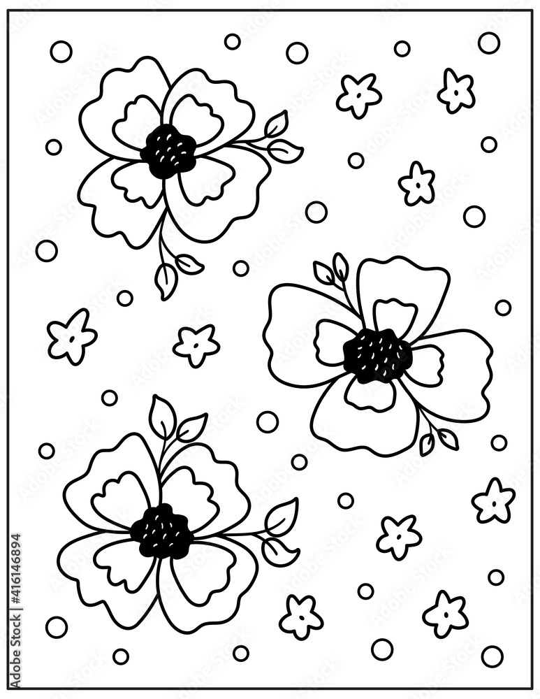 Coloring page for kids. Hand drawn doodle spring flowers. Black and ...