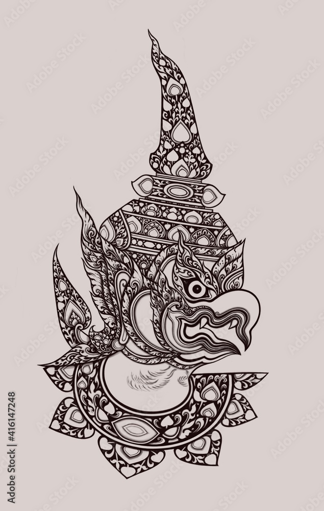 line thai drawing, Garuda, the divine animal in Buddhism, With face and ...