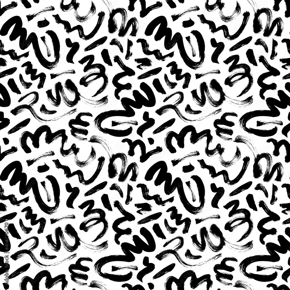 Wavy and swirled brush strokes vector seamless pattern. Black paint ...