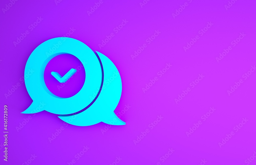 Blue Check mark in speech bubble icon isolated on purple background ...