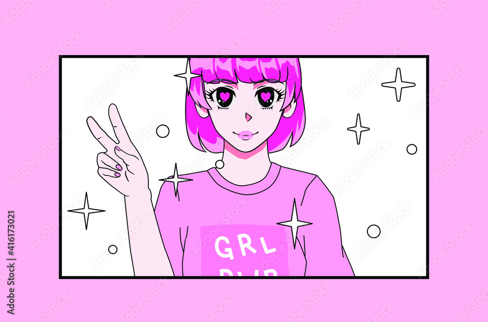 Cartoon slylish anime girl showing victory hand gesture. Modern trendy ...