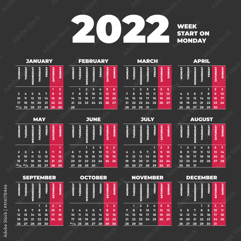 2022 Calendar template with weeks start on Monday Stock Vector | Adobe ...