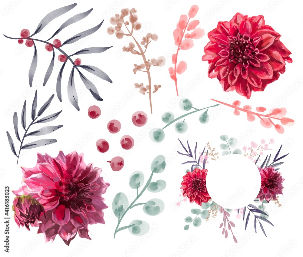 Set of watercolor plants and flowers, illustration design elements ...