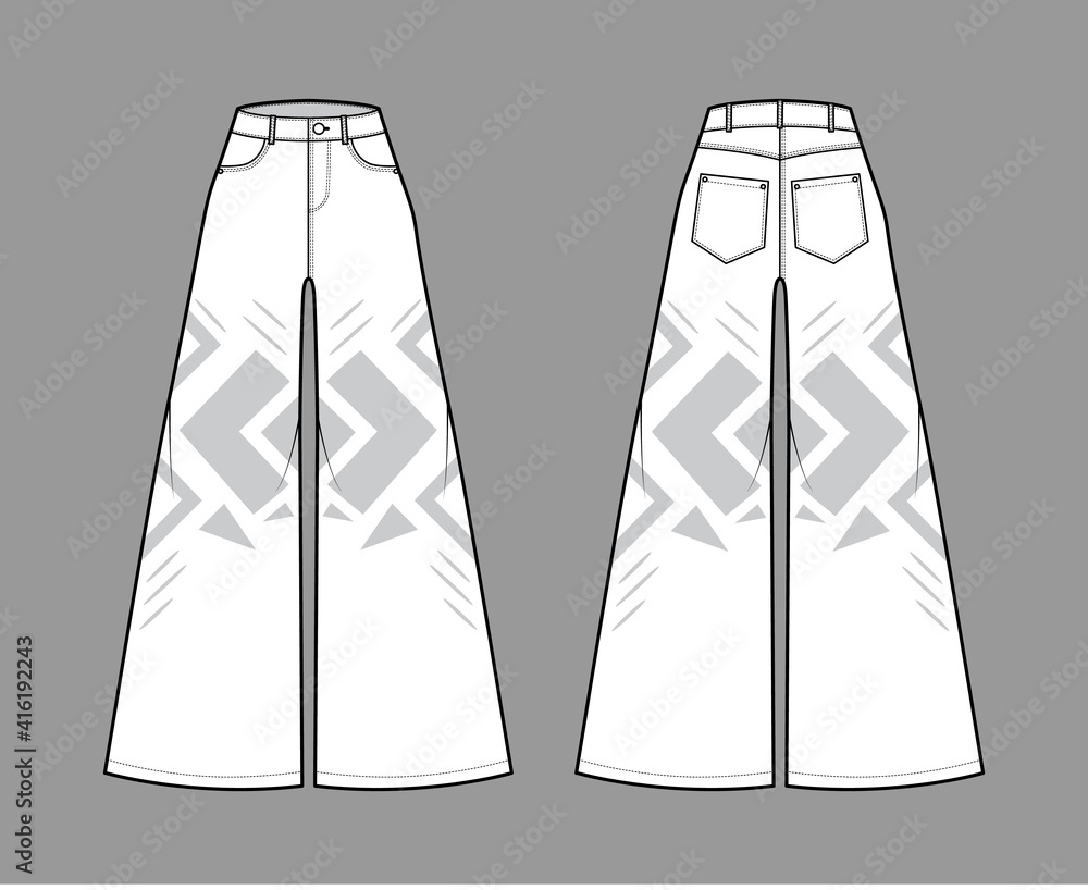 Phat Pants Denim Jeans technical fashion illustration with full length ...