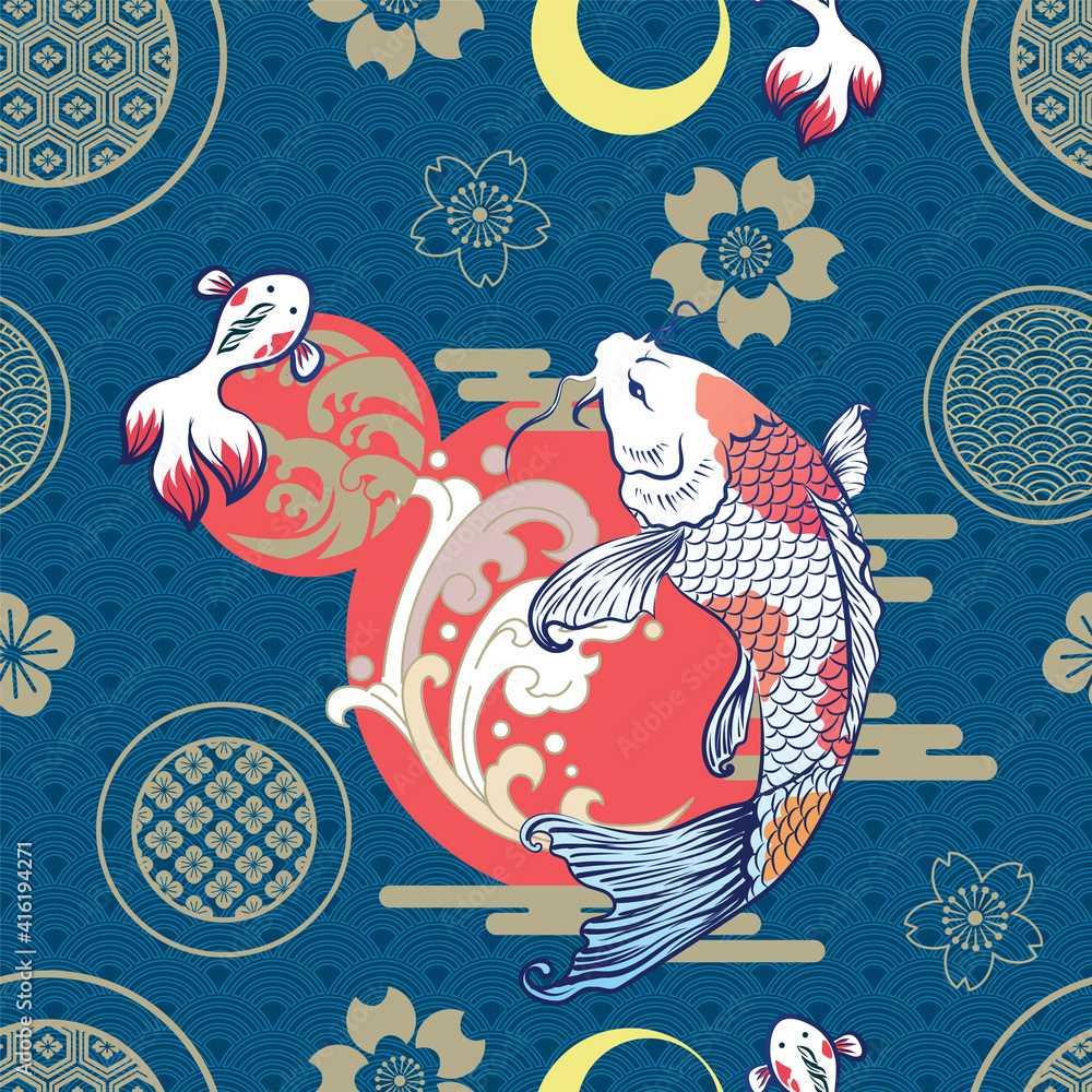 Seamless Art Japanese Repeat Pattern KOI Carp Fish and Little Fish ...