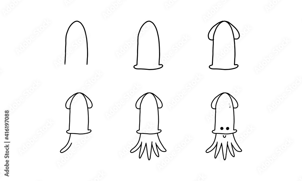 how to draw a cute squid step by step. sea animal cartoon coloring ...