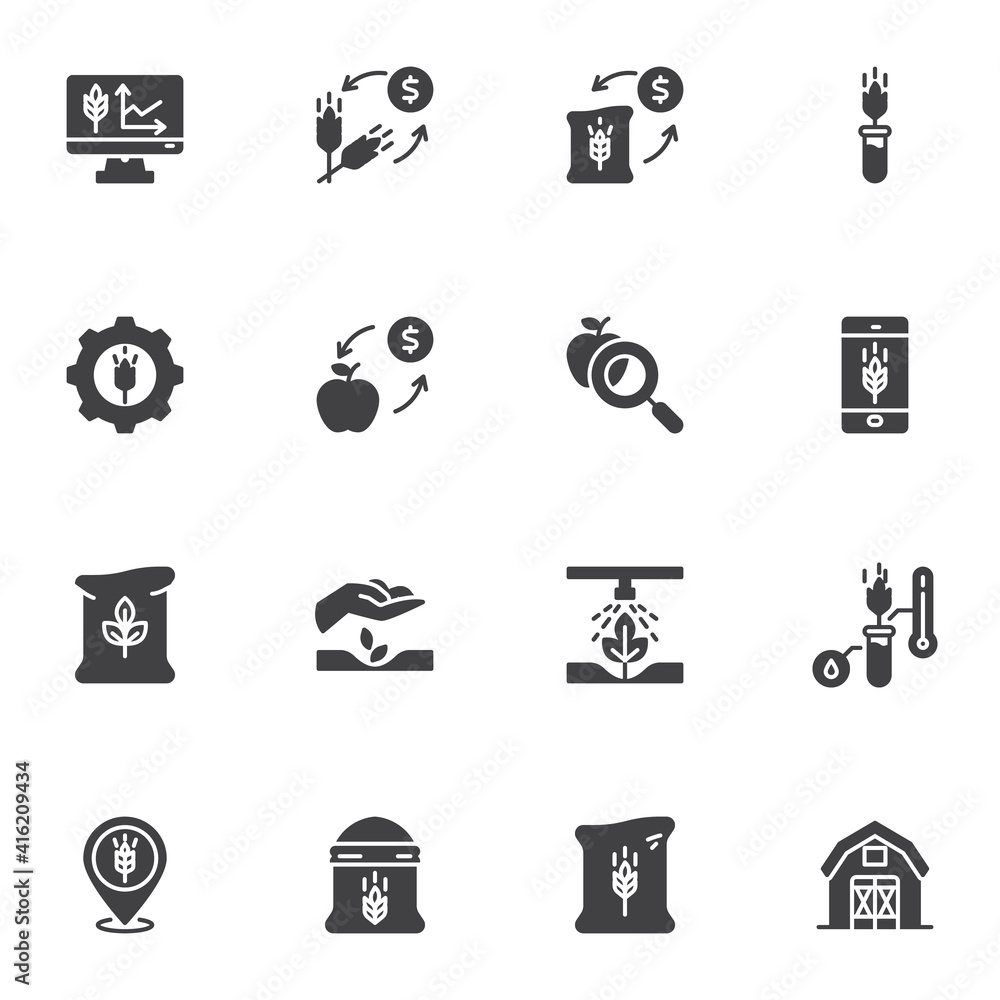 Farm agriculture business vector icons set, modern solid symbol ...