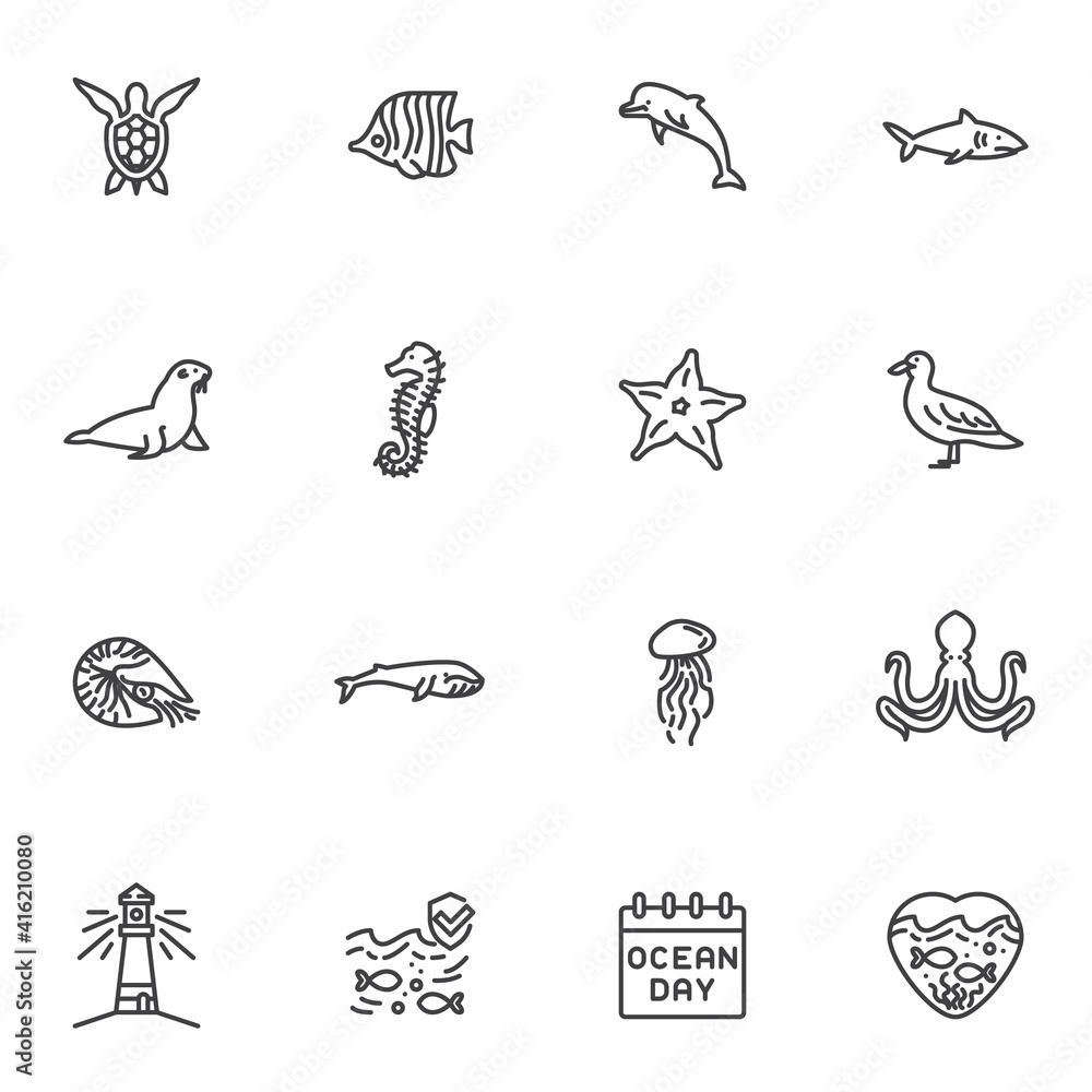 World ocean day line icons set, sea life outline vector symbol ...