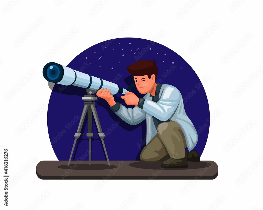 Astronomer Scientist using telescope concept illustration in cartoon ...