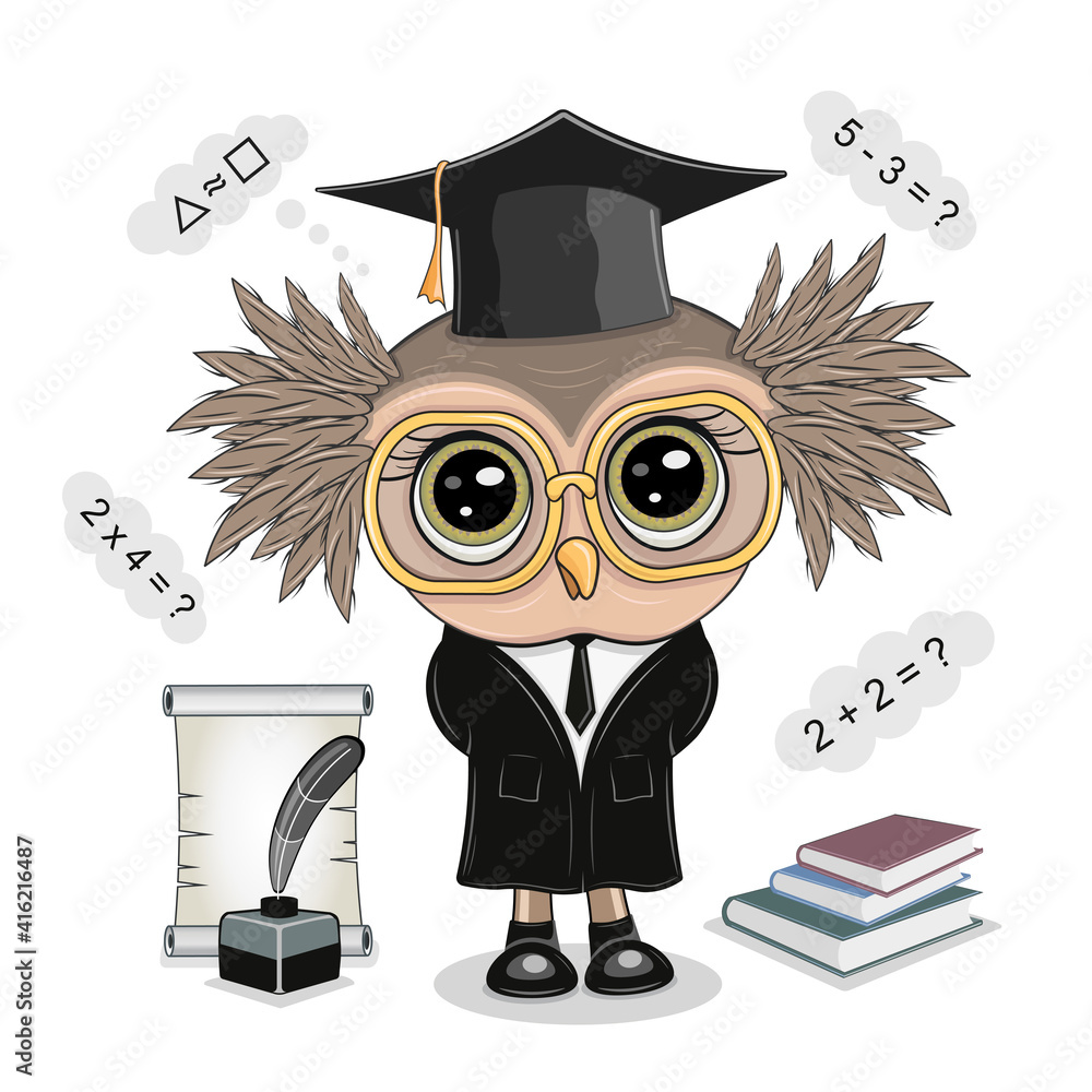 Vector illustration of a smart owl with glasses, a teacher and a school ...